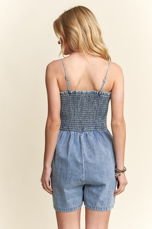 ADORA Smocked Spaghetti Strap Denim Romper – velveflow